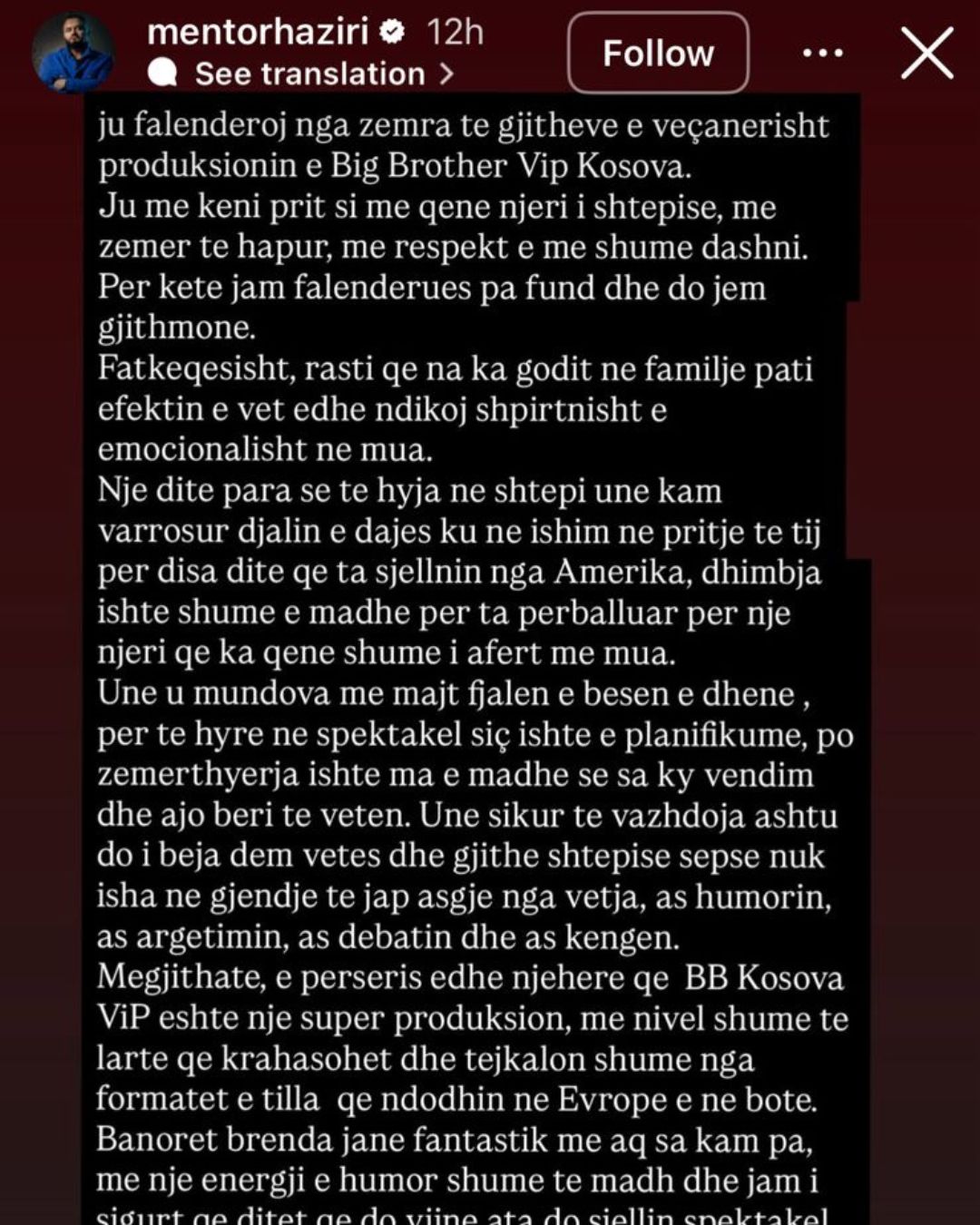 Mentor Haziri reagon pas daljes nga Big Brother Vip Kosova 4 – ArkivaNews